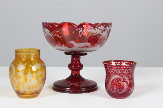 Bohemian Crystal Glass Set in Ruby Red and Yellow, 1880s, Set of 3 for ...