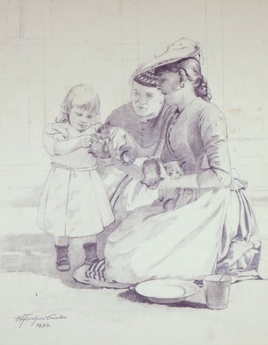 Ernst Albert Fischer-Cörlin, Feeding of the Kitten, 1893, Pencil ...