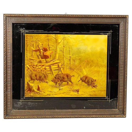 German Artist, Humoristic Scene Featuring Wild Boars and a Painter, Oil ...