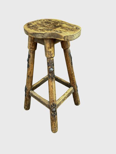 Industrial Rustic Pine Stool with Iron Decoration, 1970s for sale at Pamono