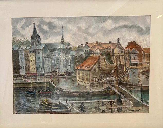 Joel Naudin, Port of Honfleur, 1970s, Pastel Drawing, Framed for sale ...