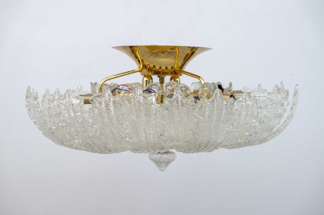 Mid-Century Moderne Deckenlampe aus Messing & Muranoglas von Barovier & Toso, 1980 bei Pamono kaufen