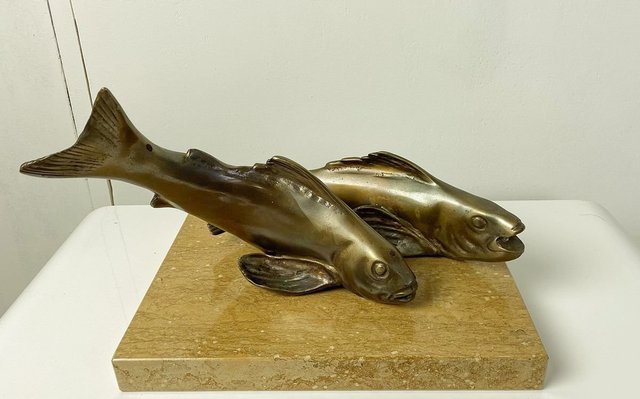Bronze Koi Fish on Marble Base, 1930s for sale at Pamono