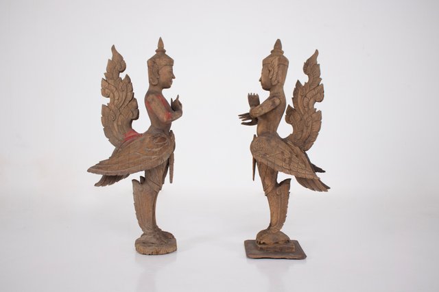 Burmese Artist, Kinnara & Kinnari Figures, Wooden Sculptures, Set of 2 ...