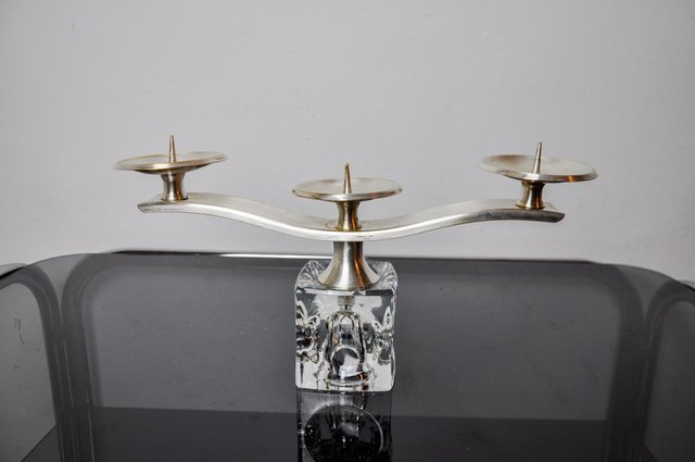 Ice Cube 3-Flame Candlestick in Glass and Silver Metal attributed to ...