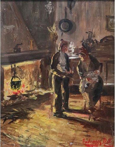 Radames Rota, Cooking Interior with Fireplace and Characters, 1920s ...