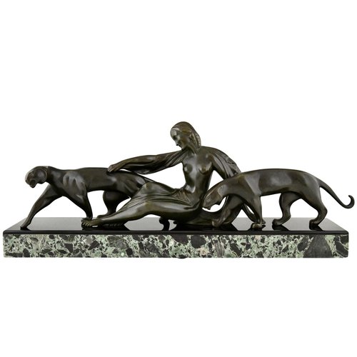 Michel Decoux, Art Deco Sculpture of Woman with Panthers, 1920, Bronze ...