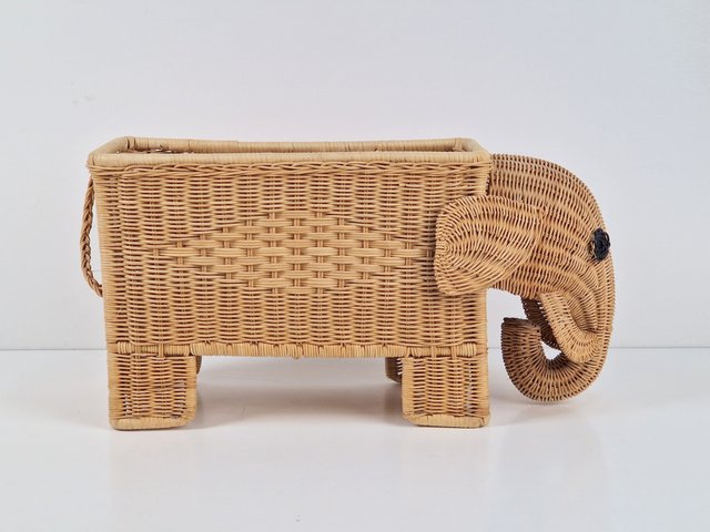 Rattan Elephant Magazine Rack or Planter, Italy, 1970s for sale at Pamono