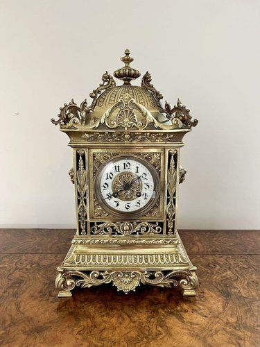 Large Antique Victorian Ornate Brass Mantle Clock, 1860 for sale at Pamono