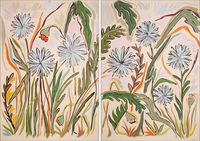 Romina Milano, Grey Wild Dandelion Field Diptychon, 2023, Acryl auf Papier bei Pamono kaufen