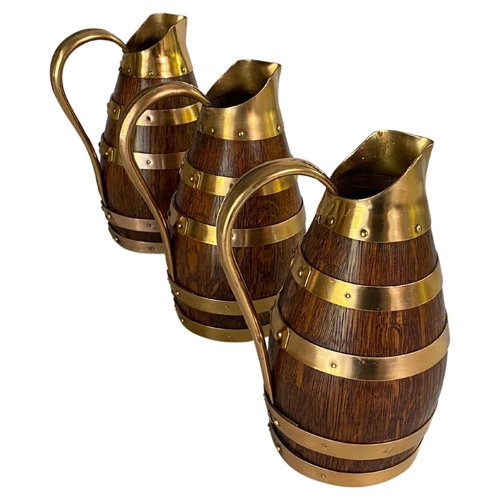 Oak and Brass Barrel Form Pitchers from Gerard Lafitte, France, 1933 ...