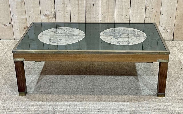 Couchtisch im Marine-Stil aus Mahagoni & Messing mit Glastablett ...