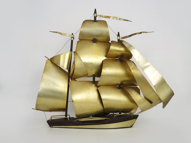 Vintage Decorative Boat with Brass Sails, 1960s for sale at Pamono