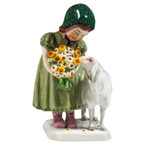 Jugendstil Mädchen mit Schaf und Blumen Figur von Max Bochmann für ...