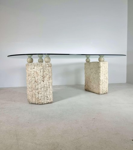 Natural Mactan Stone Dining Table with Glass Top, 1980s for sale at Pamono