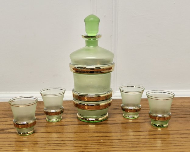 Green and Gold Glass Sherry Decanter and Glasses, 1950s, Set of 5 for ...