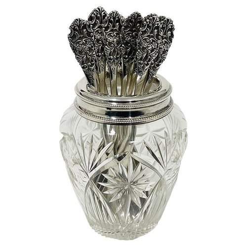 Dutch Silver and Crystal Spoon Vase with Twelve Spoons, 1910, Set of 13 ...