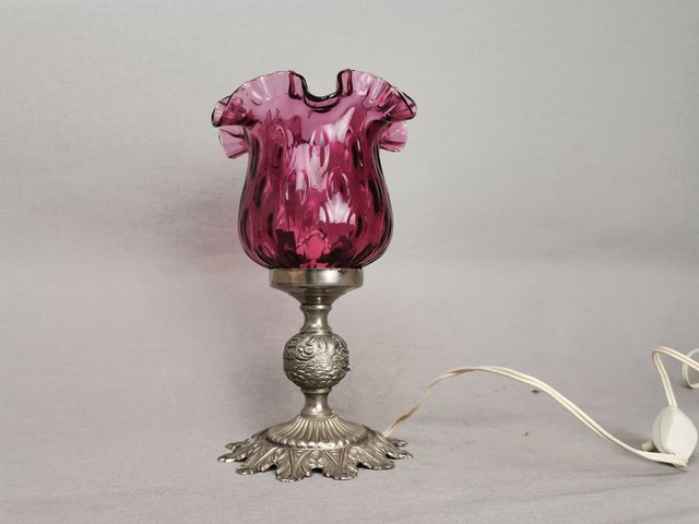 Small Mid-Century Portuguese Raspberry Pink Glass Tulip Table Lamp ...