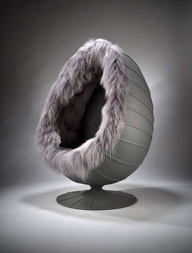 Music Pod Chair in Grey Leather and Longhaired Icelandic Sheepskin with ...