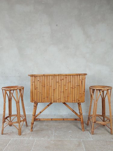 Vintage Rattan Tiki Bar Set with Two Rattan Stools Set of 3