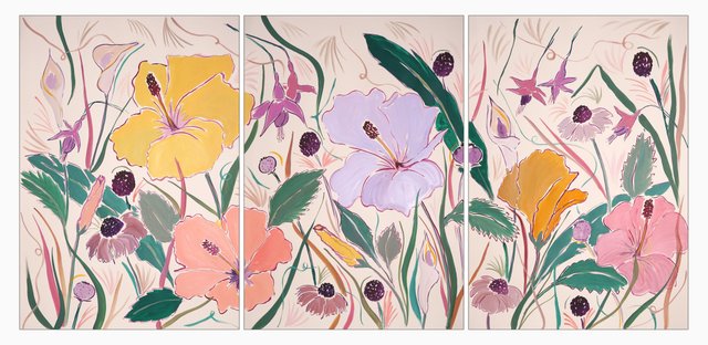 Romina Milano, Hibiscus Oasis Garden Triptychon, 2023, Acryl auf Papier bei Pamono kaufen