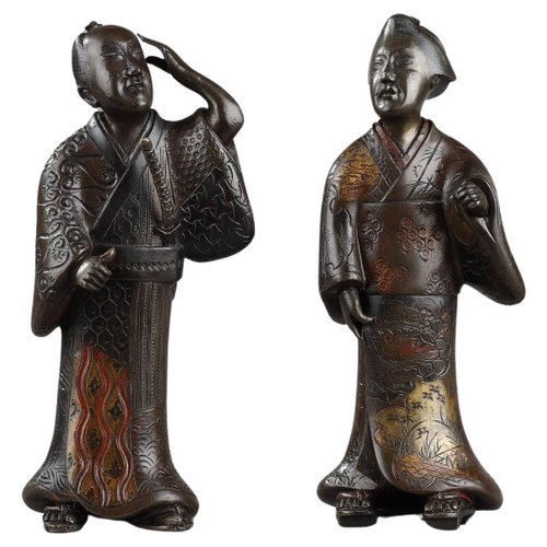 Bronze Figures of a Geisha and a Samurai, 1900, Set of 2 for sale at Pamono