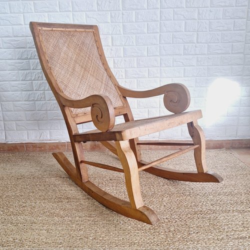 British Colonial Planters Rocking Chair in Teak and Rattan, India for ...