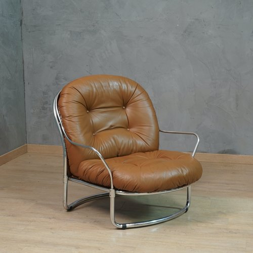 Model 915 Armchair in Chrome and Brown Leather by Carlo de Carli for ...