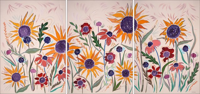 Romina Milano, Sonnenblumen-Panorama-Triptychon, 2023, Acryl auf Papier bei Pamono kaufen