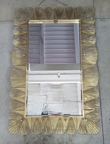 Mid-Century Murano Amber/Fume Color Glass and Brass Wall Mirror, 2000s ...