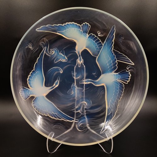Art Deco Opalescent Glass Bowl with Wild Geese, Fish and Waves by ...