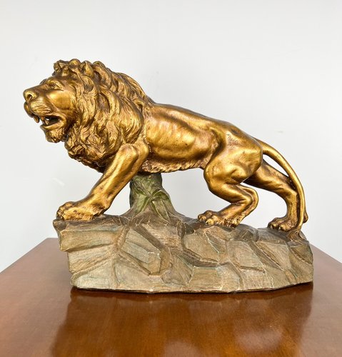 Large Brass-Colored Lion Statue, Early 1900s for sale at Pamono