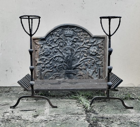 Large 18th Century Heavy Iron Fire Back, Andirons and Grate, Set of 4 ...