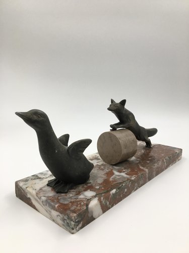 French Art Deco Spelter on Marble Sculpture of Fox Hunting Goose in the ...