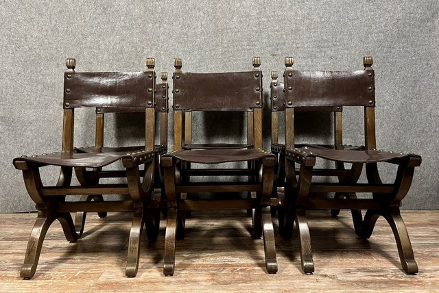 19th Century Medieval Chairs in Wood and Leather, Set of 6 for sale at ...