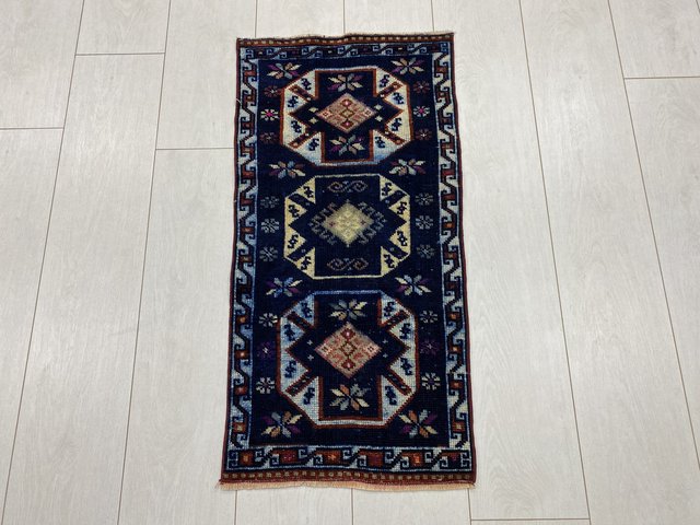 Small Turkish Navy Blue Wool Rug, 1960s for sale at Pamono