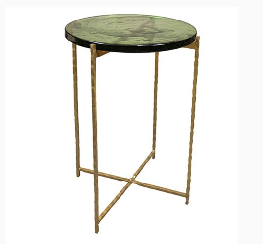 Golden-Hammered Metal Table with Green Glass Top by Now’s Home for sale ...