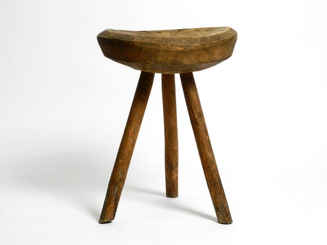 Hand-Carved 3-Legged Wood Stool, 1900s for sale at Pamono