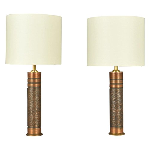 Small Copper Cylinder Table Lamps, 1970s, Set of 2 for sale at Pamono