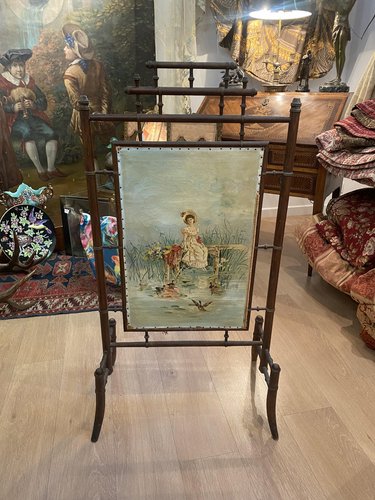 Bamboo and Painted Canvas Firewall, 1880s for sale at Pamono