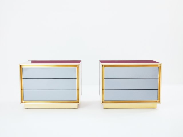 Raspberry Lacquer Brass Mirrored Nightstands from Maison Jansen, 1970s ...