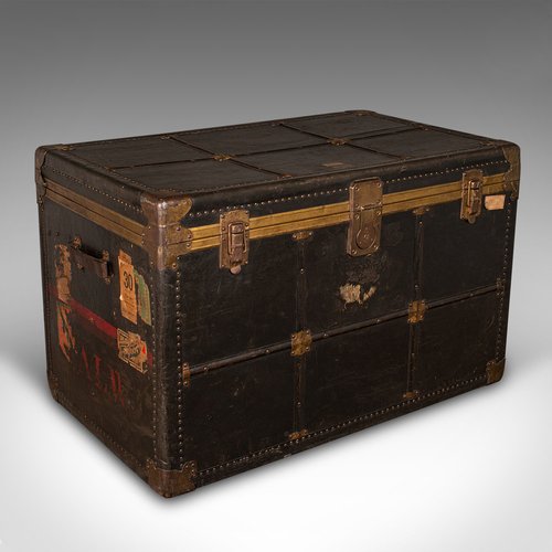 Large American Edwardian Steamer Trunk in Leather & Brass, 1890s for ...