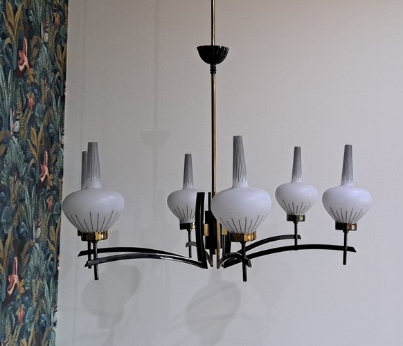 Lustre en Verre et Laiton, 1960s en vente sur Pamono