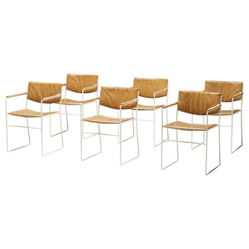 Modernist Dining Chairs in Metal and Camel Leather, 1980s, Set of 6 for ...