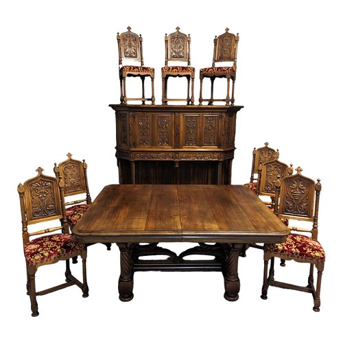 Renaissance Style Dining Set in Solid Walnut, Set of 10 for sale at Pamono
