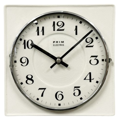 Vintage White Porcelain Wall Clock from Prim, 1970s for sale at Pamono