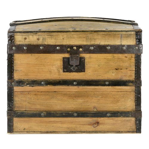Wooden Transport Trunk with Steel Reinforcements for sale at Pamono