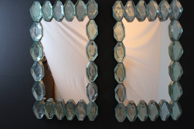 Large Aqua Blue Diamond Cut Textured Murano Glass Block Mirrors, Set of ...