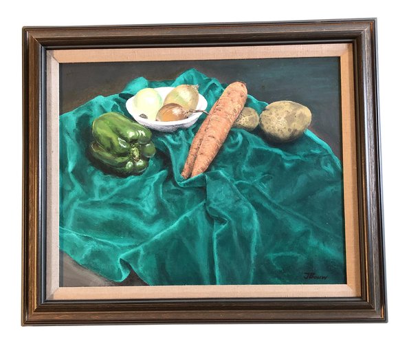 Still Life with Vegetables on Turquoise Cloth, 1970s, Painting on ...