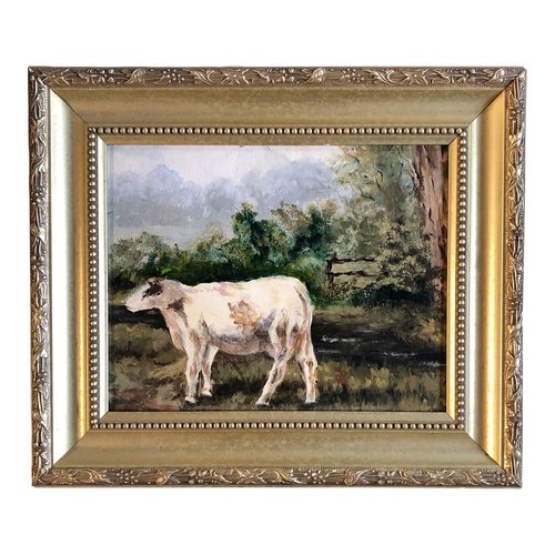 Cow in Landscape, 1980s, Peinture sur Toile, Encadré en vente sur Pamono